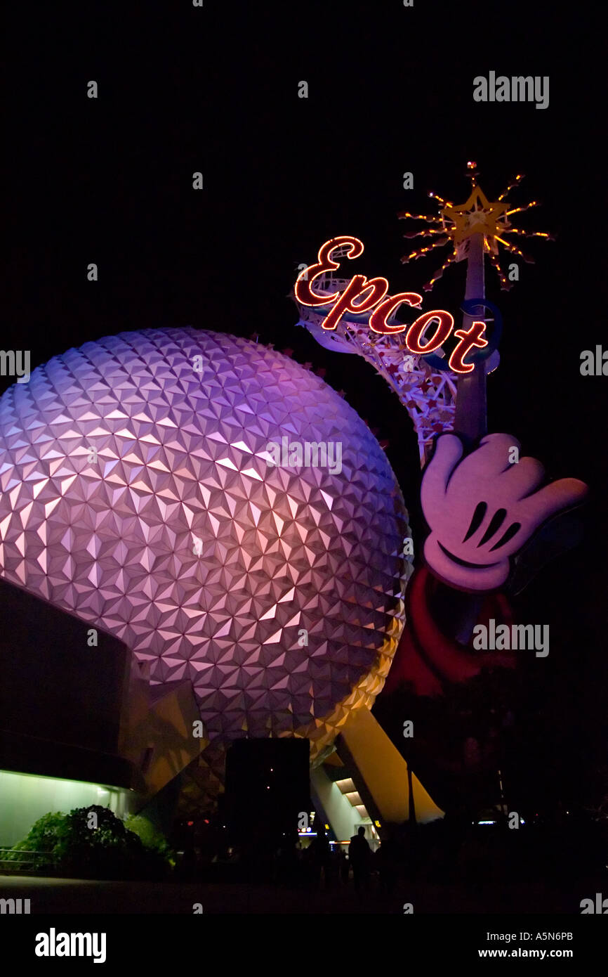 Spaceship Earth Sphere and hand of Mickey Mouse at entrance to Epcot at ...