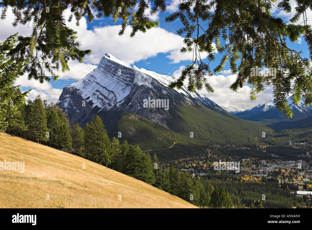 Mountain Town: Banff sprawls below majestic Mount Rundle Stock Photo ...