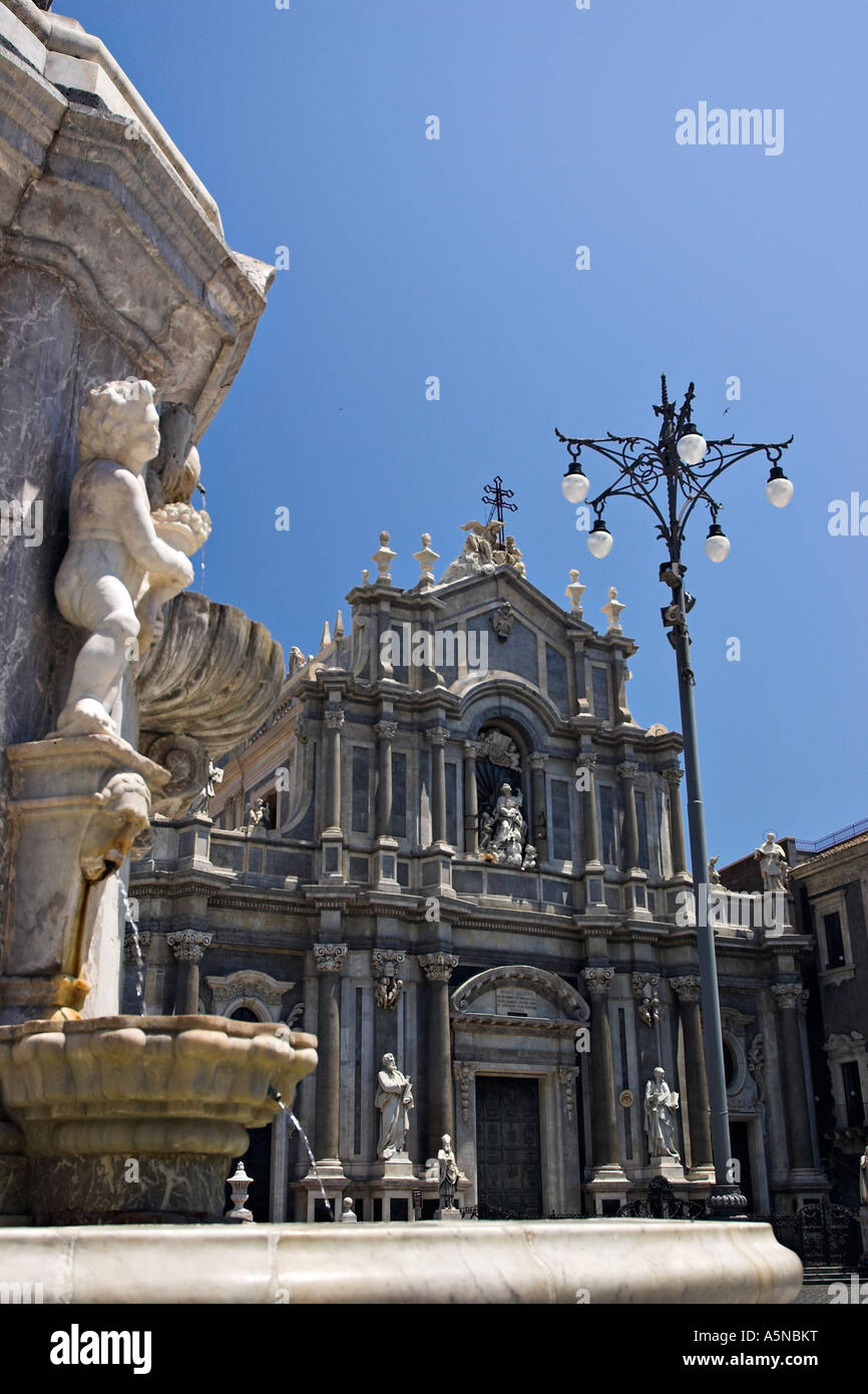 Duomo Fountain View: The front facade of the cathedral of Sant Agata in ...