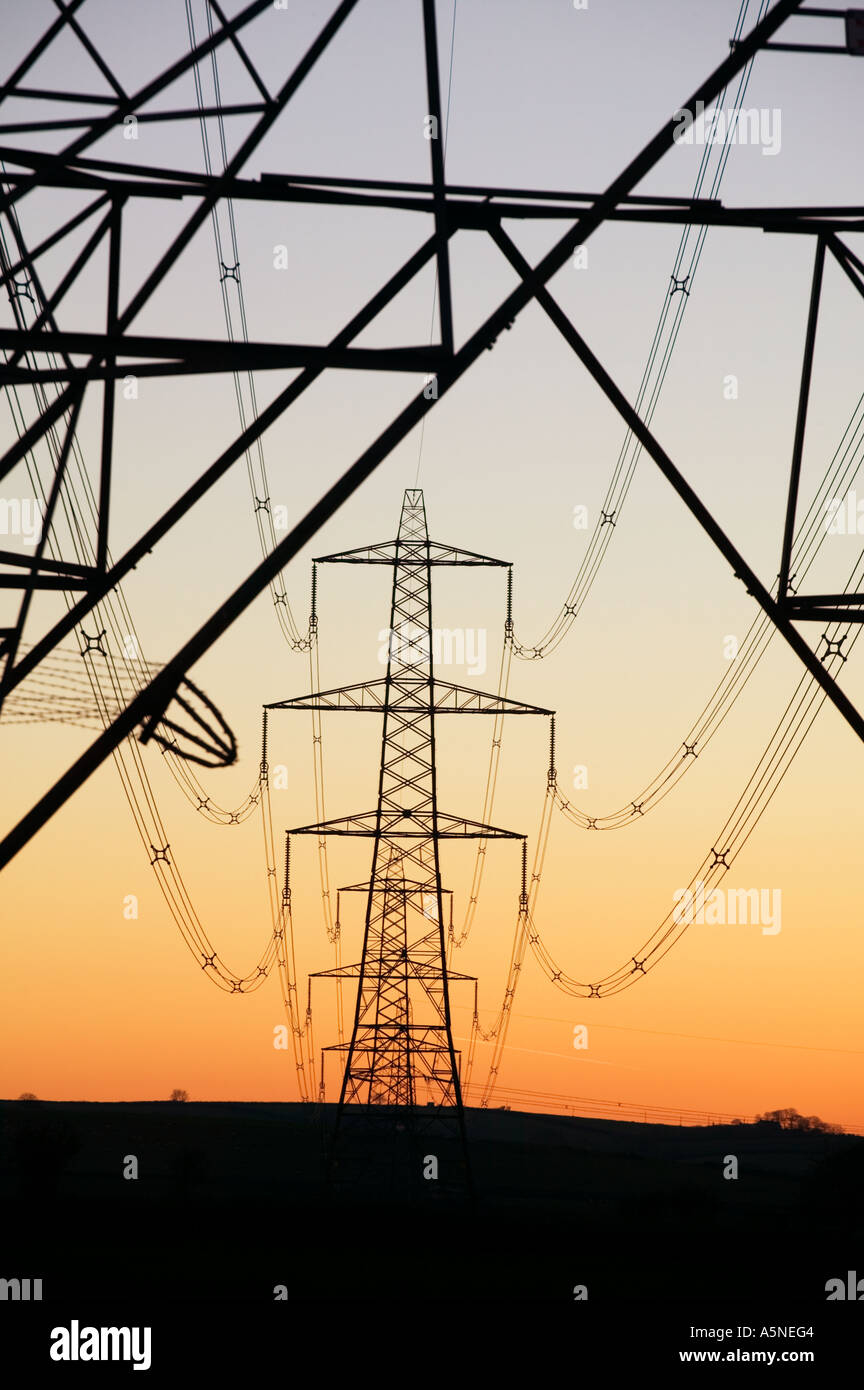 An electricity pylon of the National Grid in Wales at sunset Stock ...