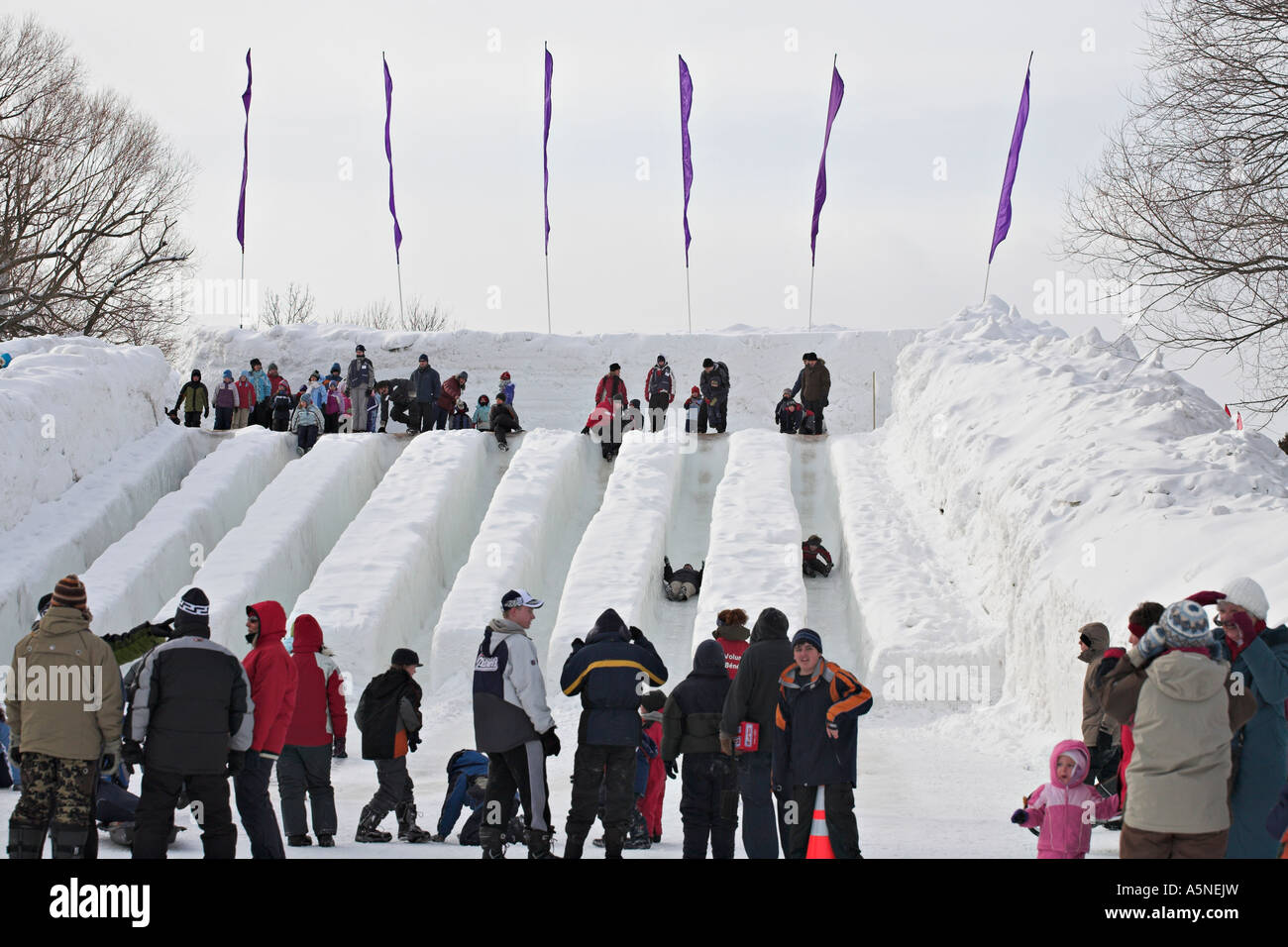 Ice Slide. A crowd waits at the bottom of a 7 slide hill as two sliders ...