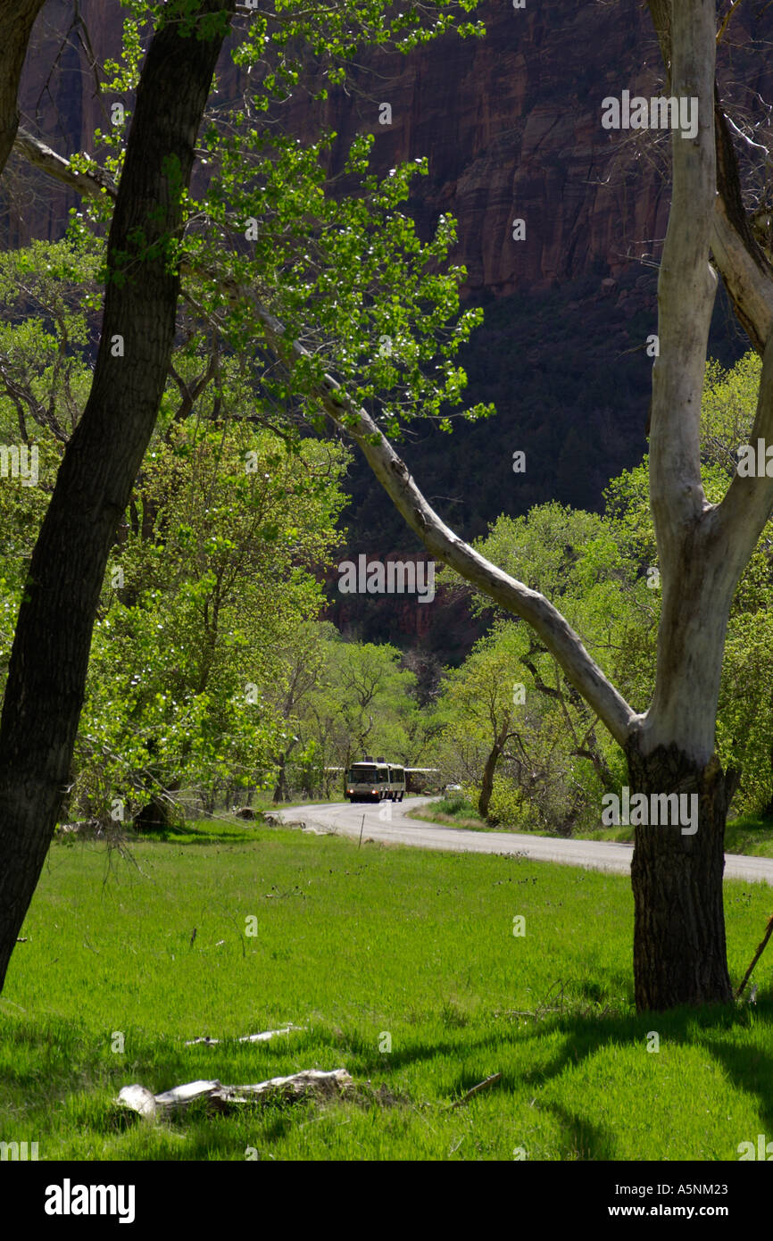 propane powered shuttle bus transports tourists in Zion National Park ...