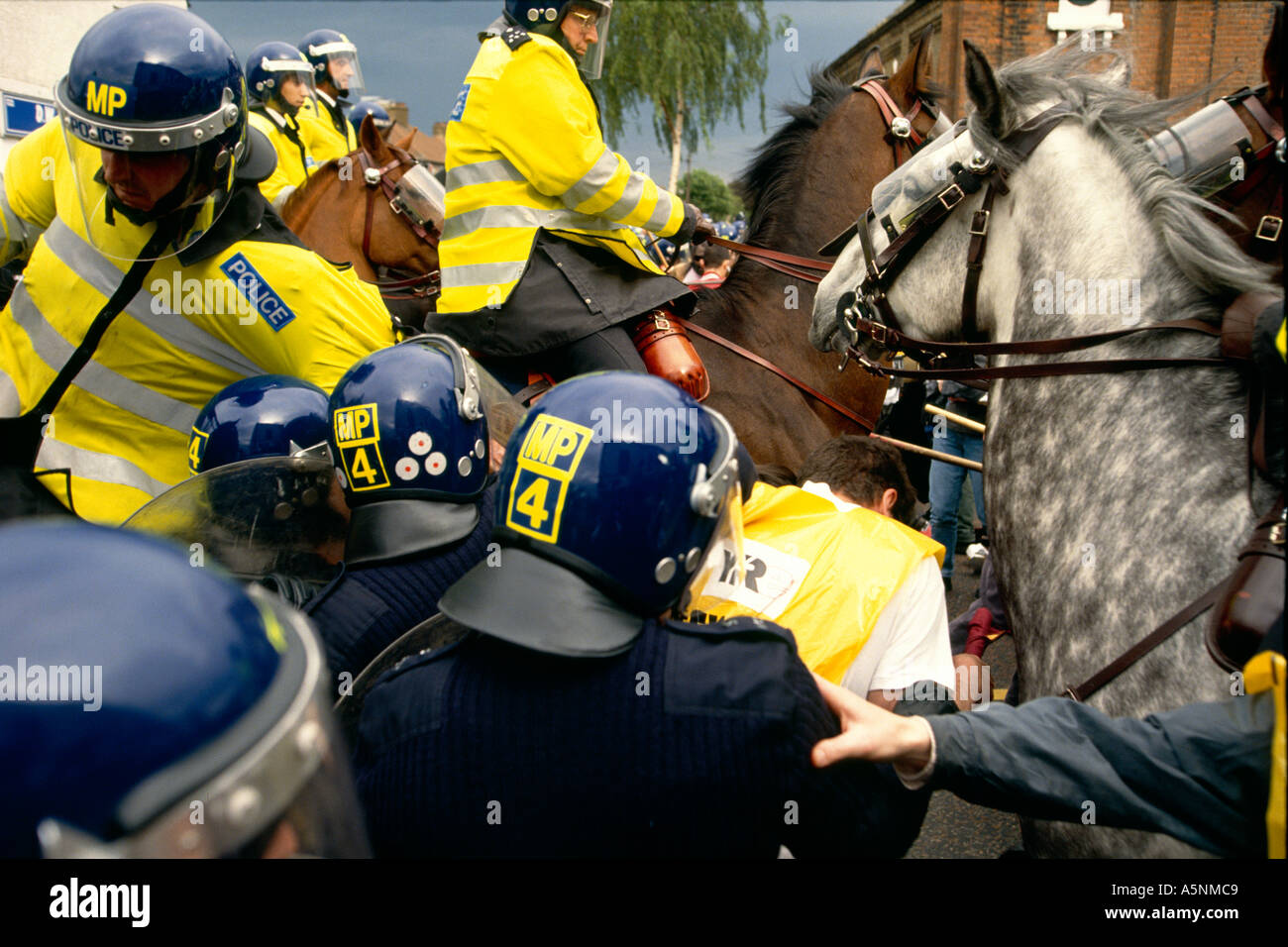 Mounted police on horses and riot police struggle to control a crowd of ...