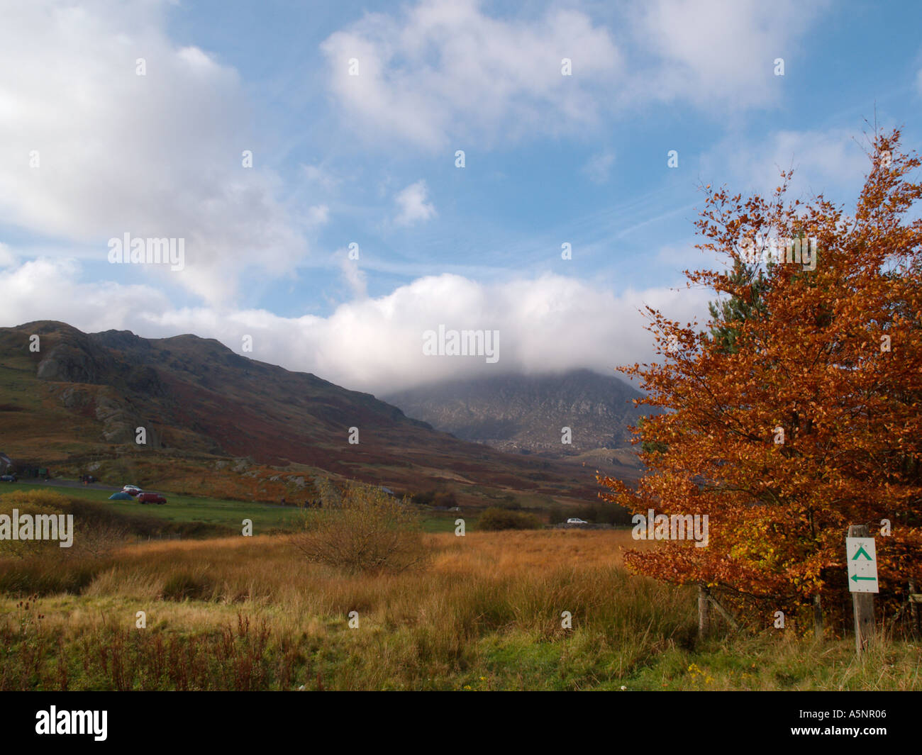 CLOUD on TRYFAN MOUNTAIN in Ogwen Valley in autumn with campsite sign ...