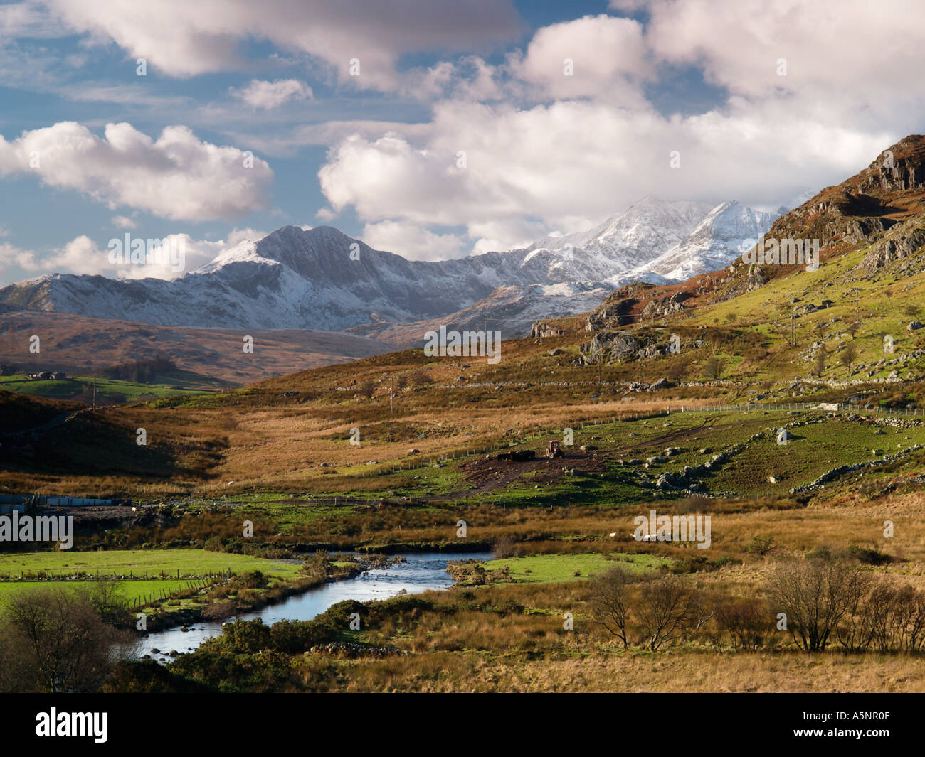 SNOW on MOUNT SNOWDON (Yr Wyddfa) horseshoe in winter view down valley ...