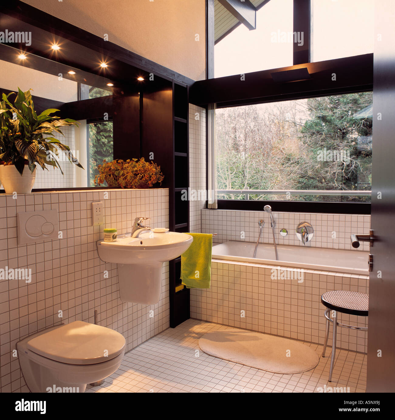 Bath below window and mirror above freestanding basin and toilet in ...