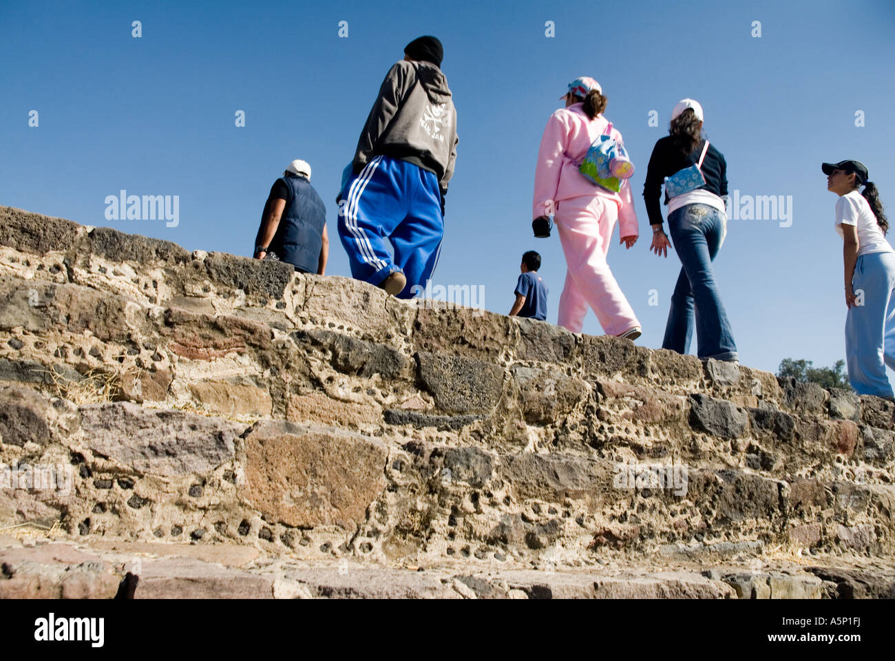 People going up the little pyramids - Teotihuacan - Mexico Stock Photo ...