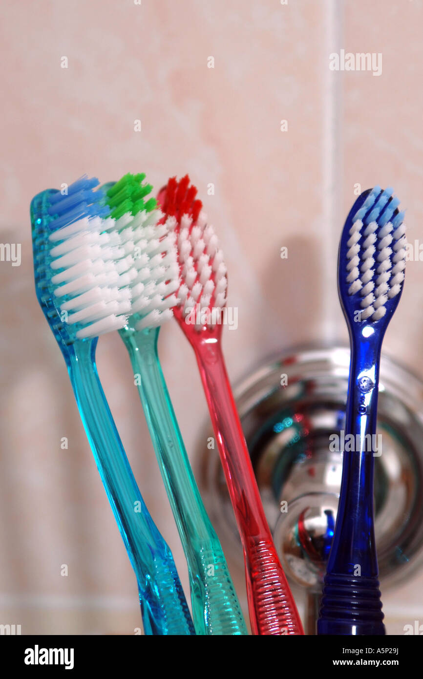 Group of family toothbrushes in a beaker fixed to the bathroom wall ...