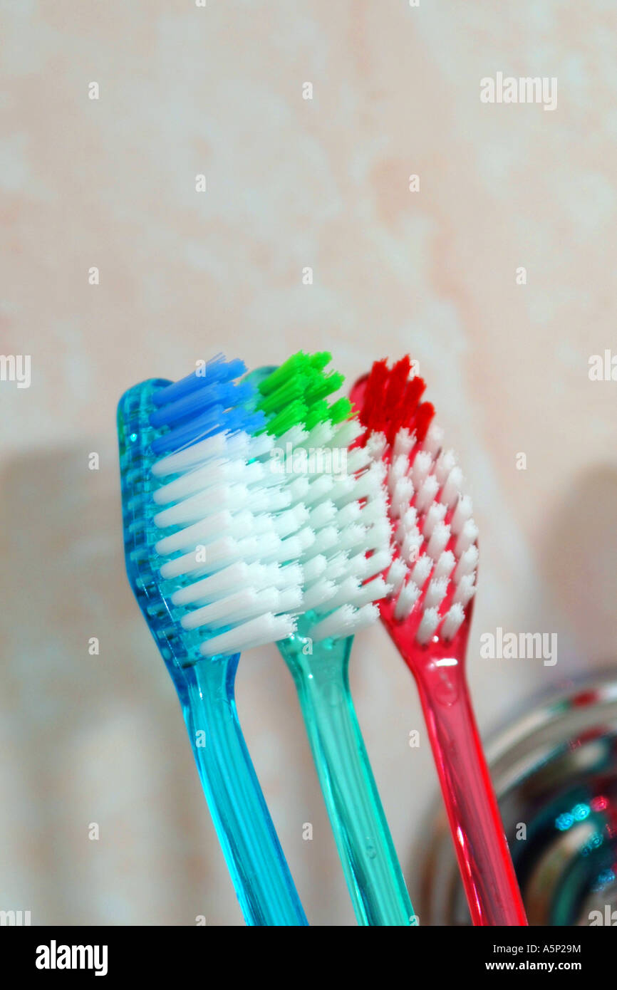 Group of family toothbrushes in a beaker fixed to the bathroom wall ...