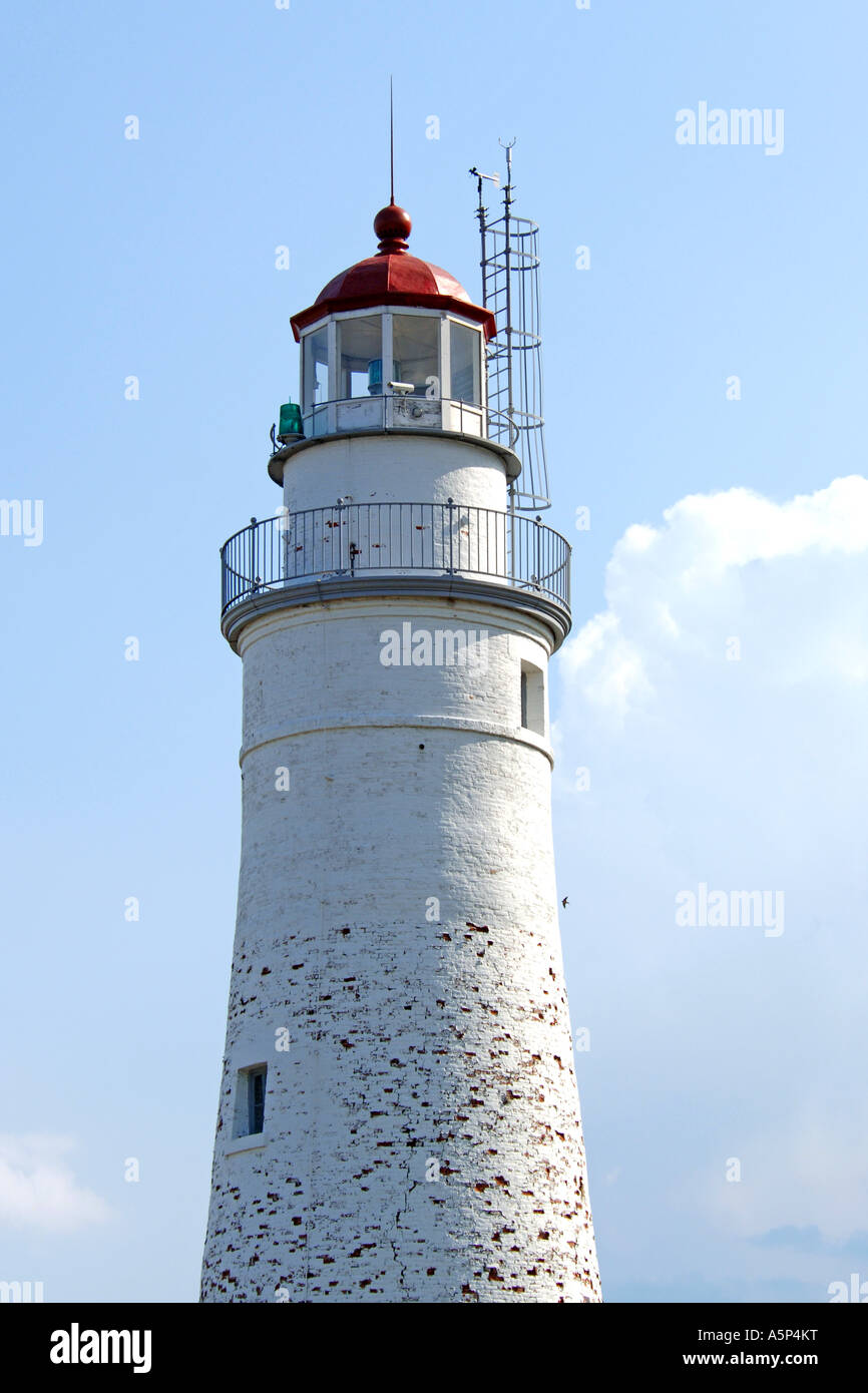 Close up of the white painted old Port Huron lighthouse in Michigan ...