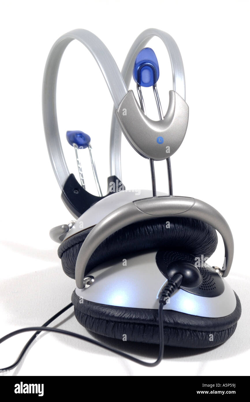 A set of Silver colored headphones against a white background Stock ...