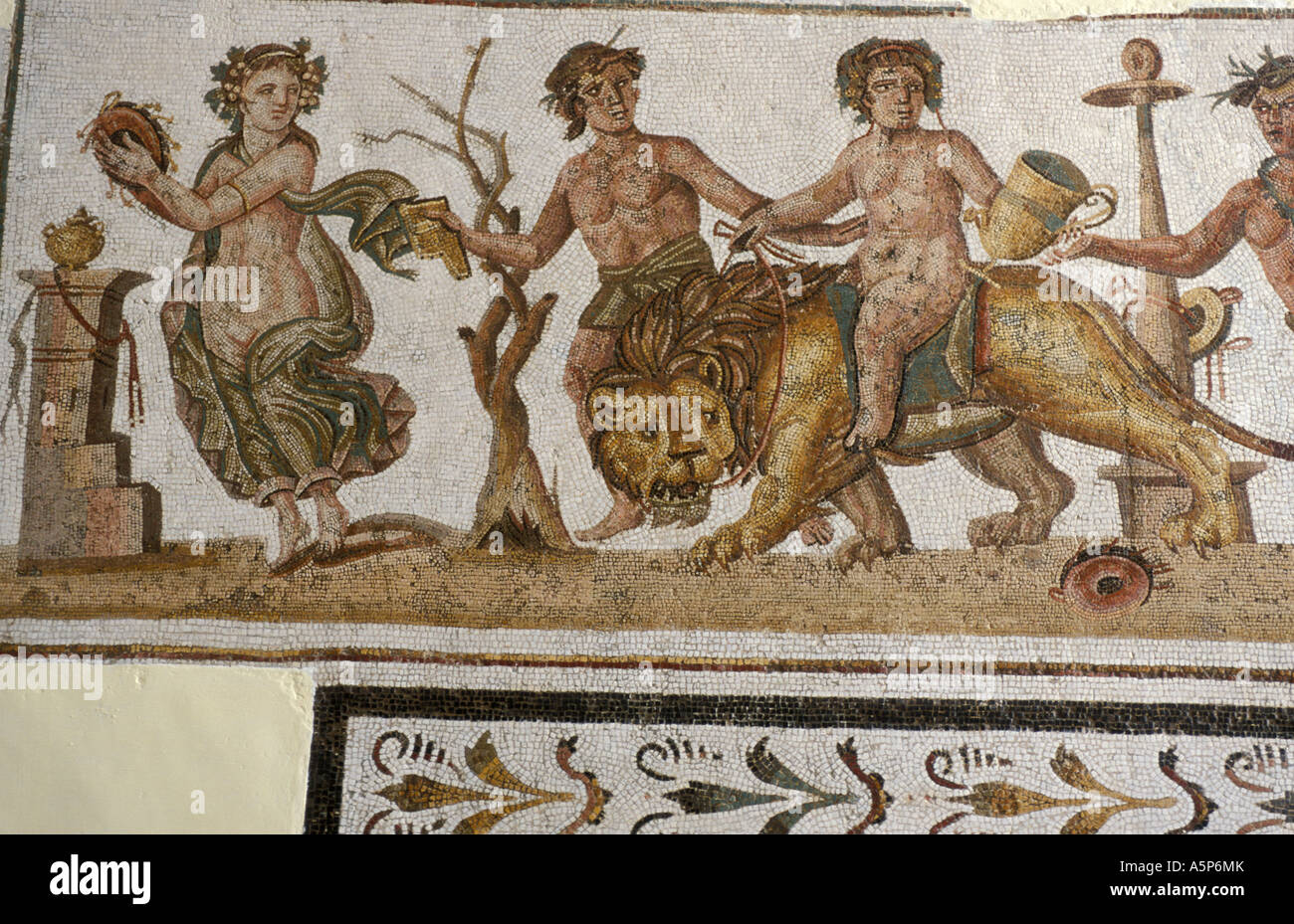Museum of El Jem mosaic Dionysus riding a lion 2nd century El Jem ...