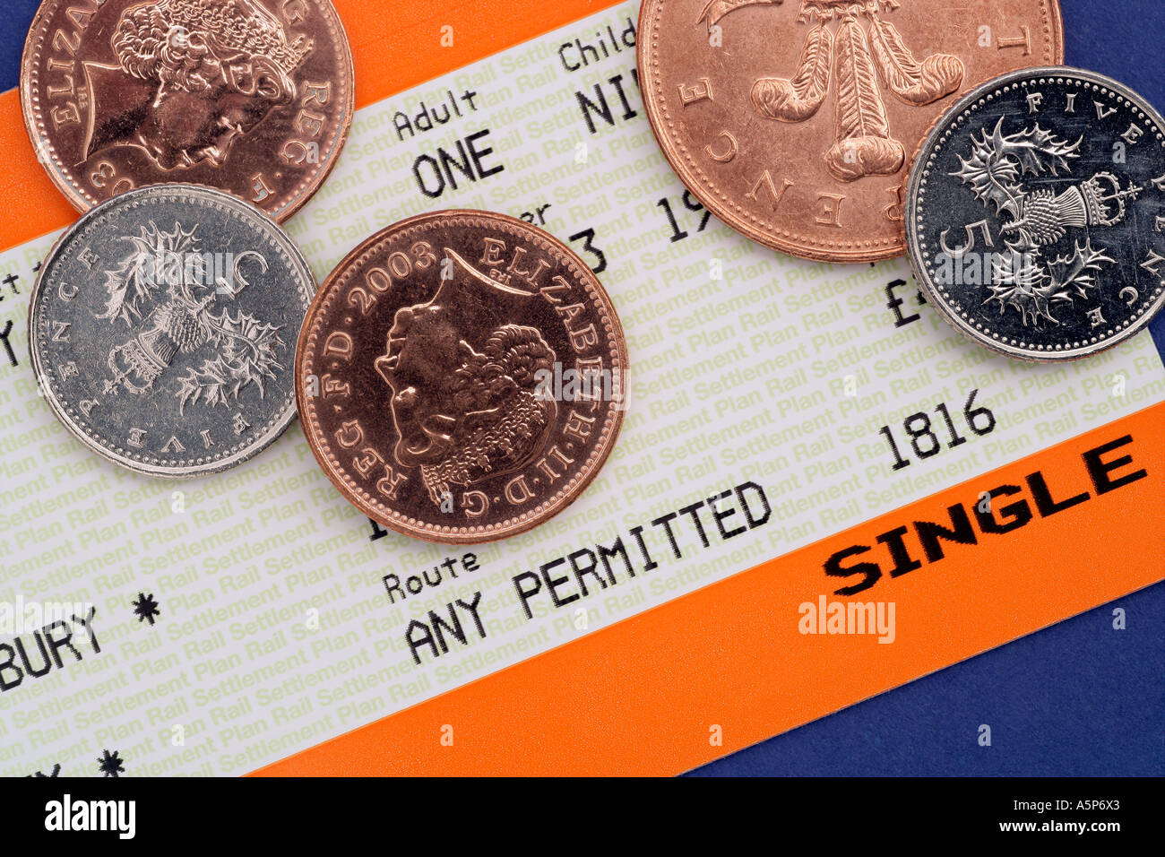 Rail Ticket and Coins Stock Photo - Alamy