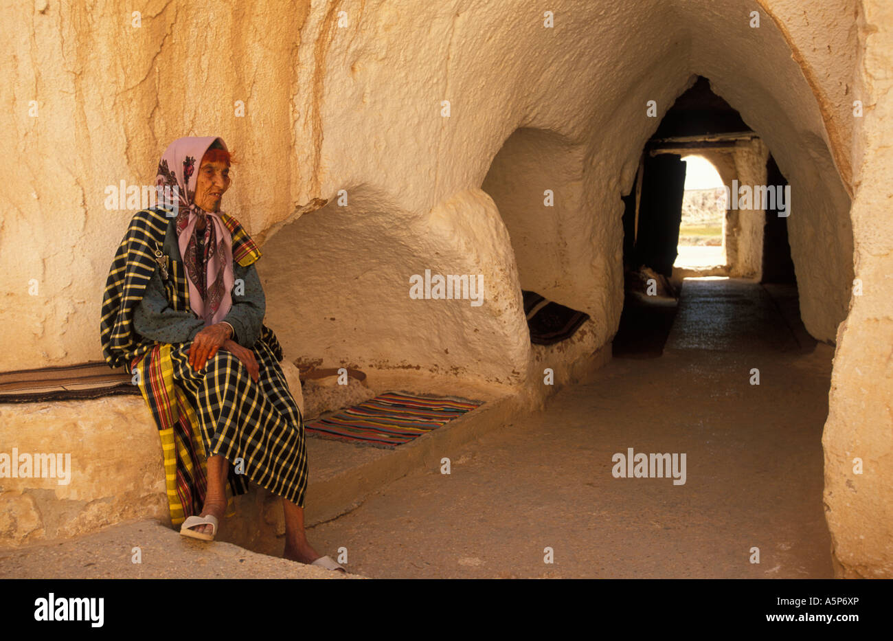Berber woman in Berber troglodyte underground homestead Matmata Tunisia ...