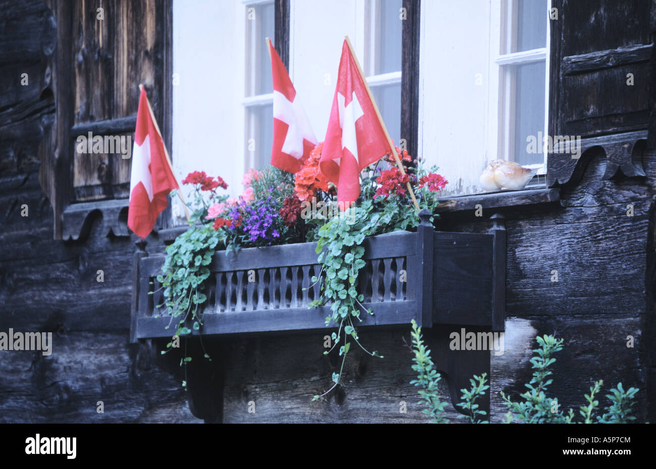 Flowerpots and Swiss flags on balcony Stock Photo - Alamy