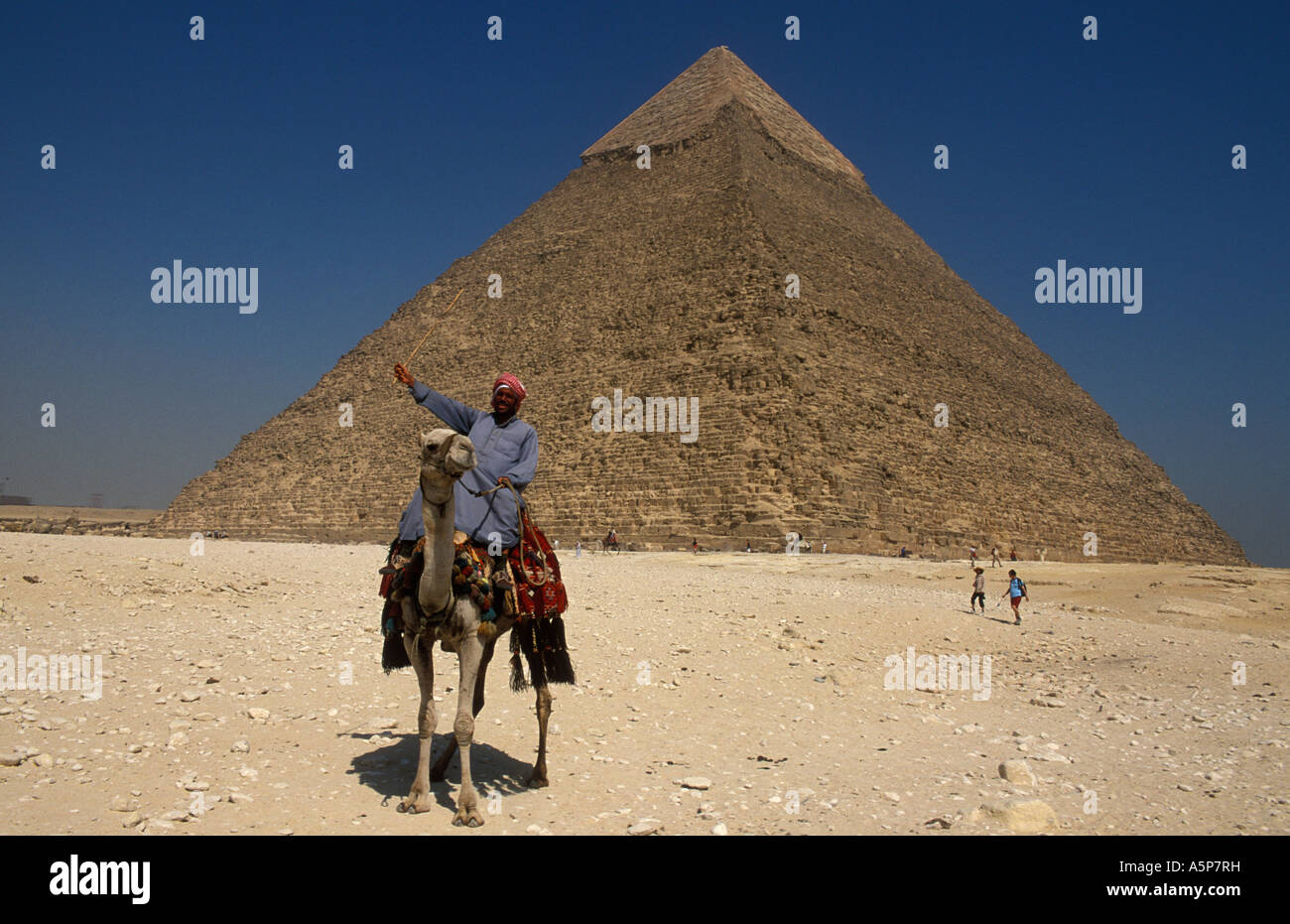 camel rider in front of Pyramid of Khafre with limestone covering at ...
