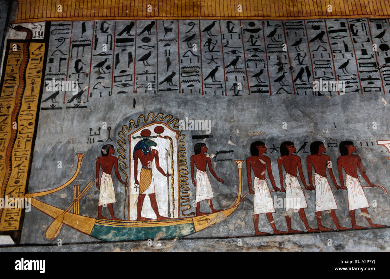 painting of the barque of Ra in the burial chamber in the tomb of ...