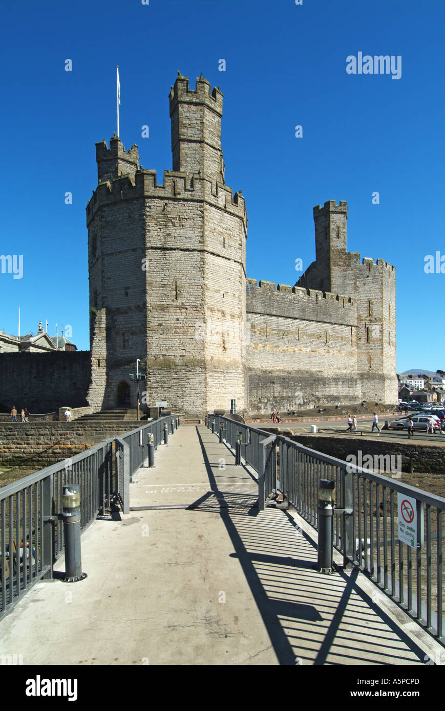 Caernarfon Castle footbridge to medieval historical stone fortress ...