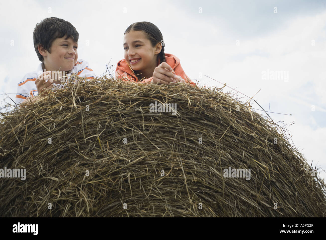 Portrait of a boy and his sister lying on top of a haystack Stock Photo ...