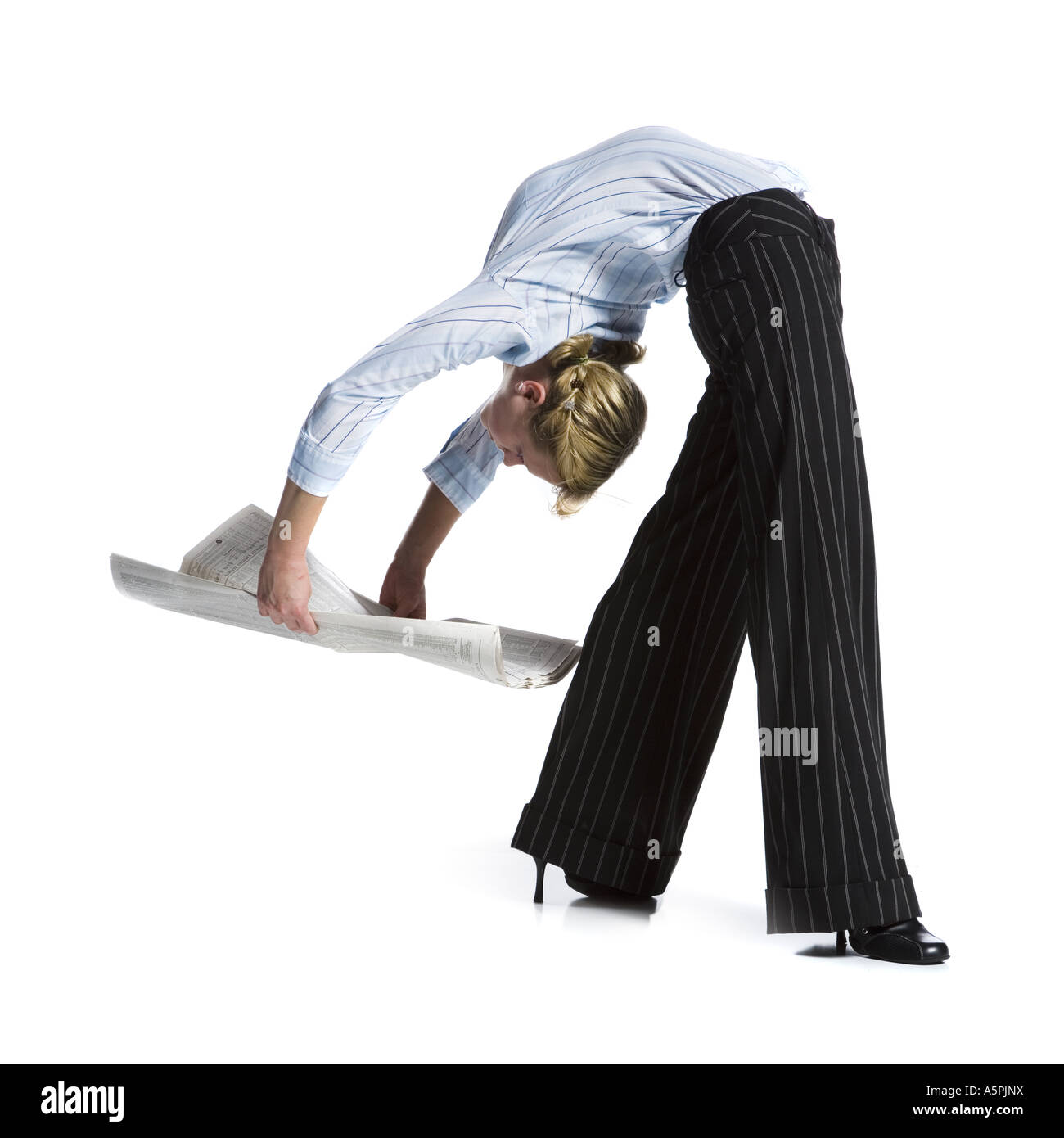 Female contortionist businesswoman bending over backwards Stock Photo ...