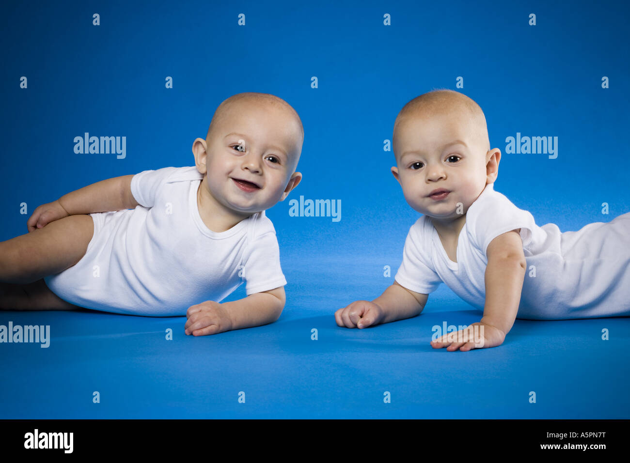 Identical twin babies crawling Stock Photo - Alamy