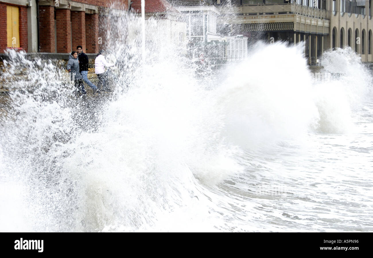 A rough sea causing the waves to crash on the seafront at Scarborough ...