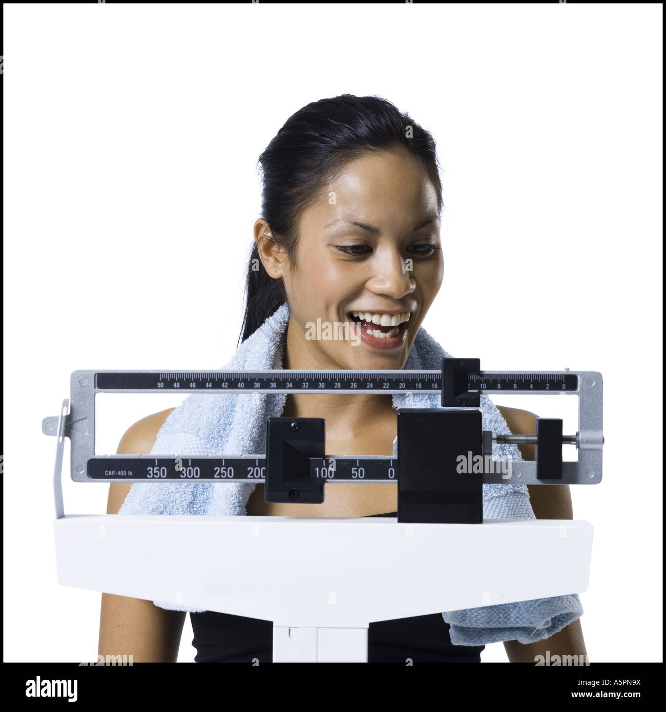 Woman weighing herself on scale Stock Photo - Alamy