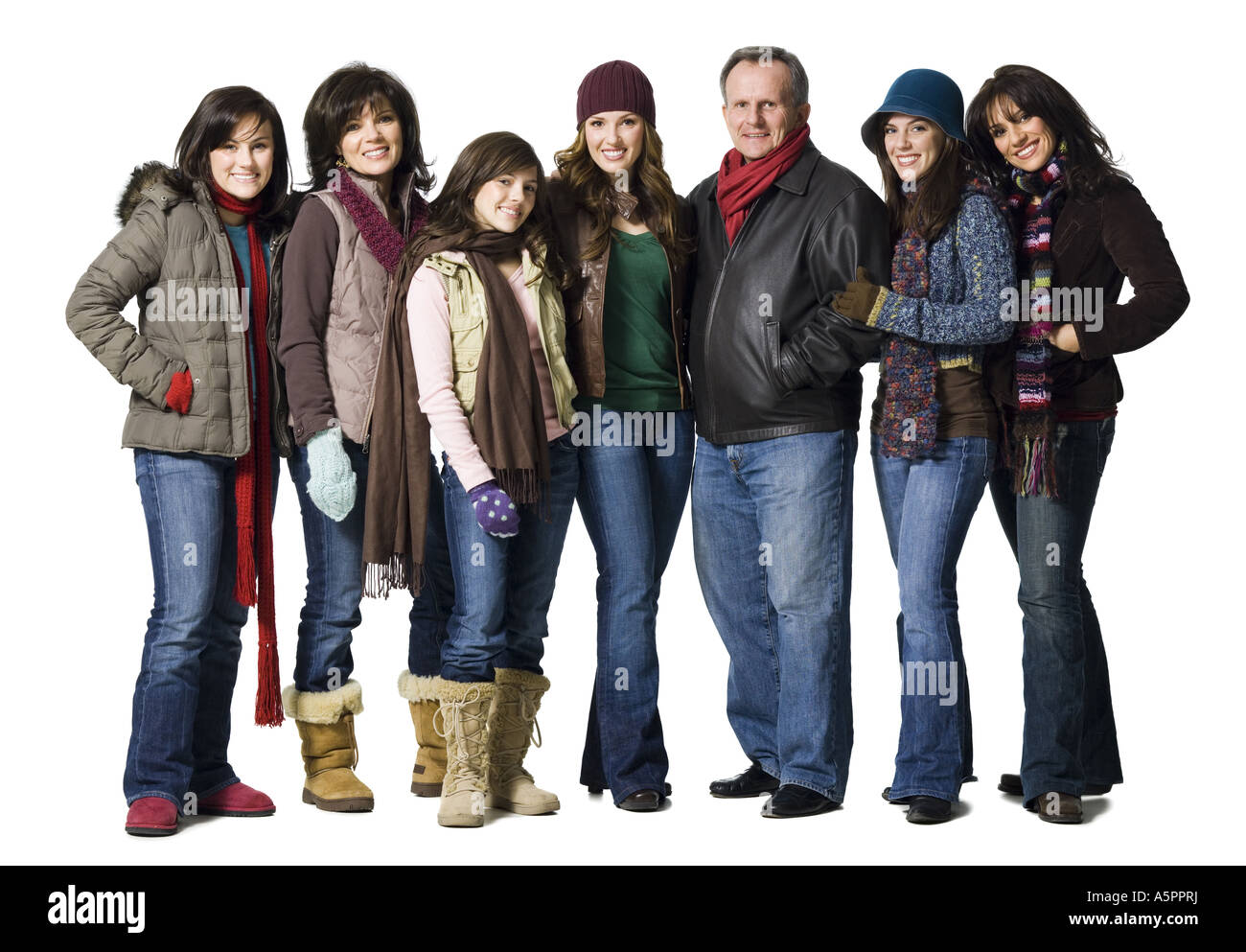 Family portrait with seven people in winter coats Stock Photo - Alamy