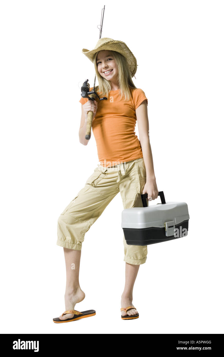 Girl holding fishing pole Cut Out Stock Images & Pictures - Alamy