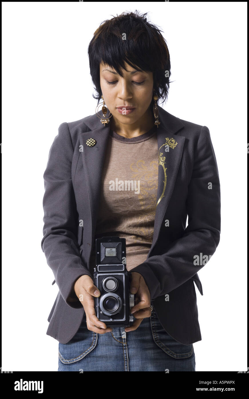 Woman taking a picture with a vintage box camera Stock Photo - Alamy