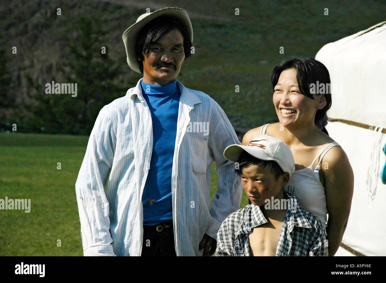 Friendly smiling family in front of their yurte Mongolia Stock Photo ...