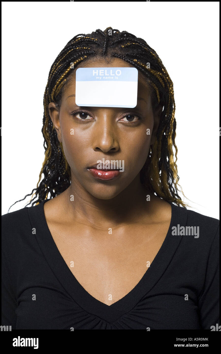 Woman with name tag on forehead Stock Photo - Alamy
