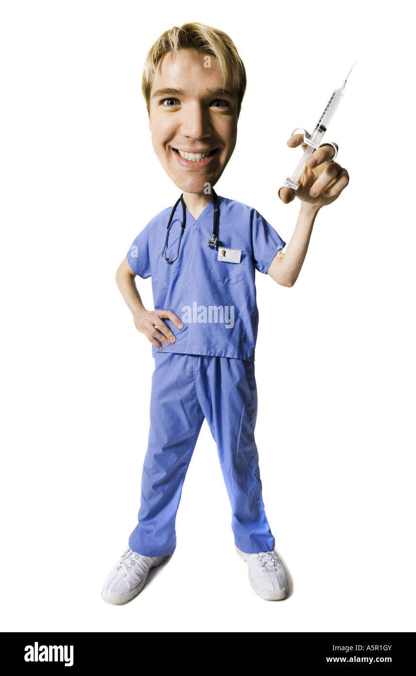 Caricature of man in scrubs with needle Stock Photo - Alamy