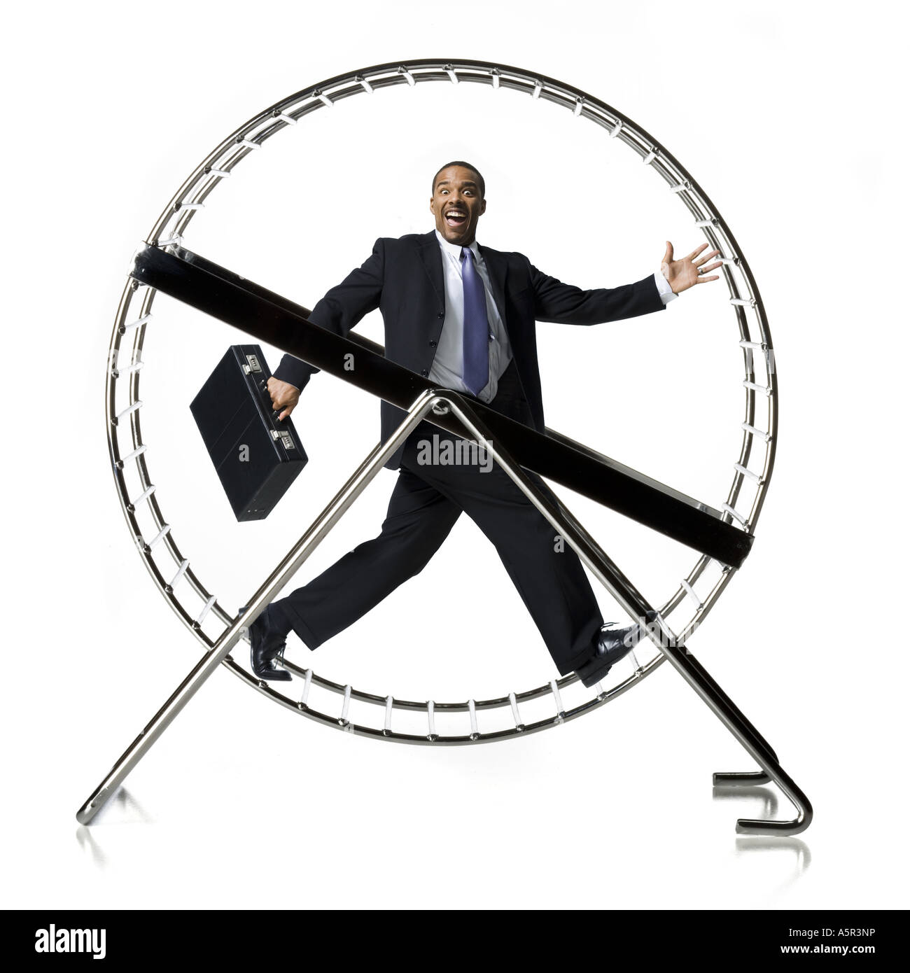 Businessman in rodent wheel smiling Stock Photo - Alamy