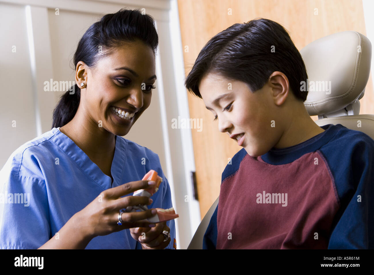 Dental hygienist holding false teeth talking to boy Stock Photo - Alamy