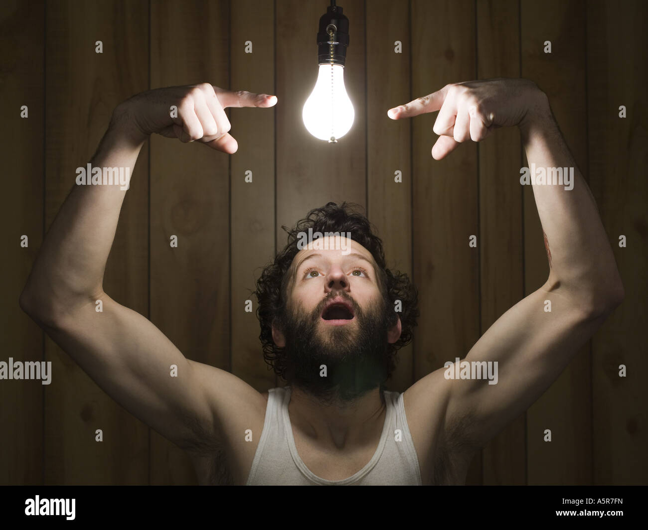 Man pointing at light bulb Stock Photo - Alamy