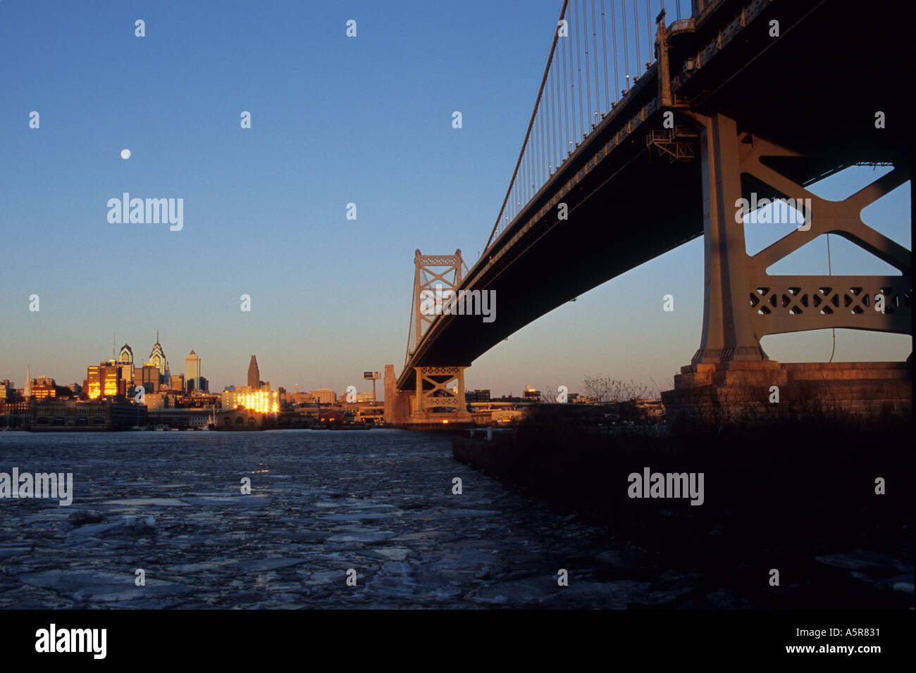 Ben Franklin Bridge and Philly skyline with the moon and Venus from ...