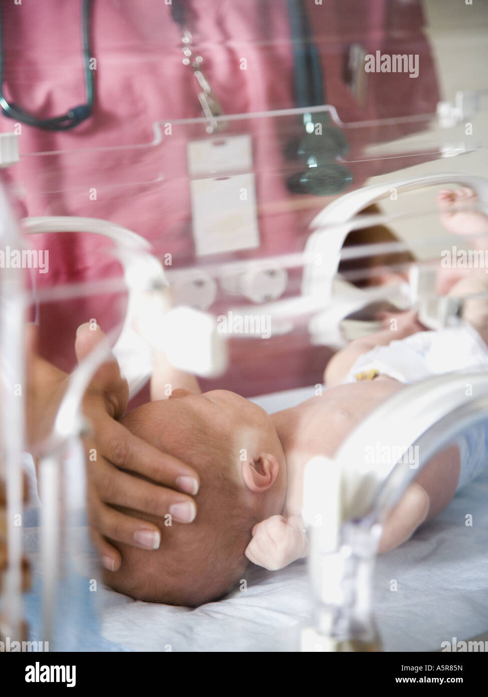 Baby in incubator with female nurse Stock Photo - Alamy