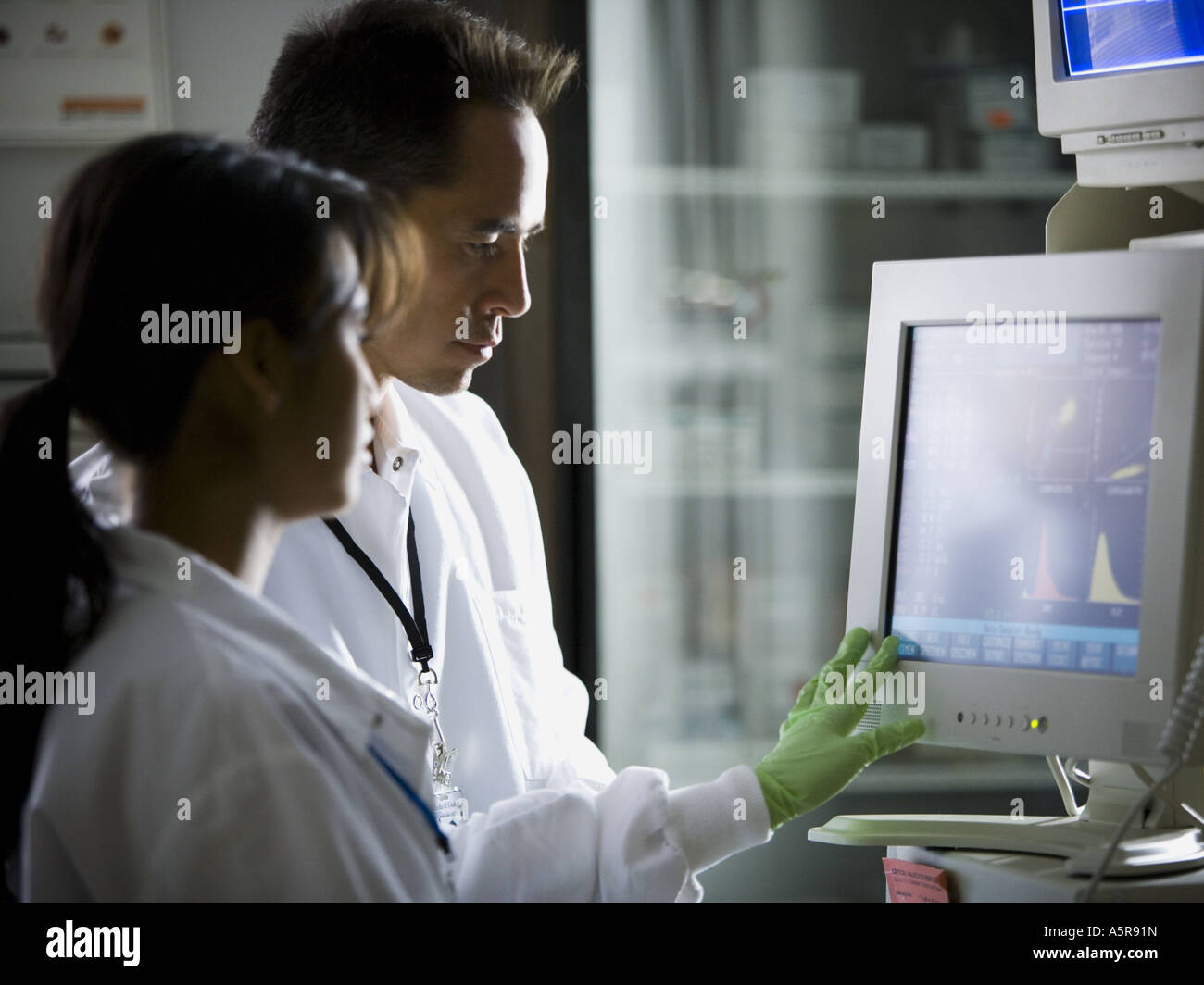Male and female lab technicians looking at monitors Stock Photo - Alamy
