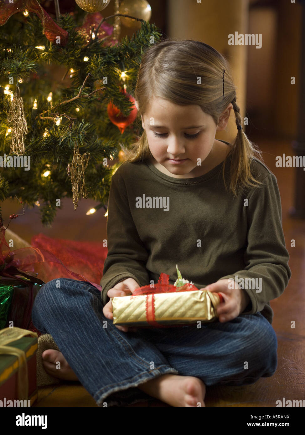 Girl shaking Christmas present with tree Stock Photo - Alamy