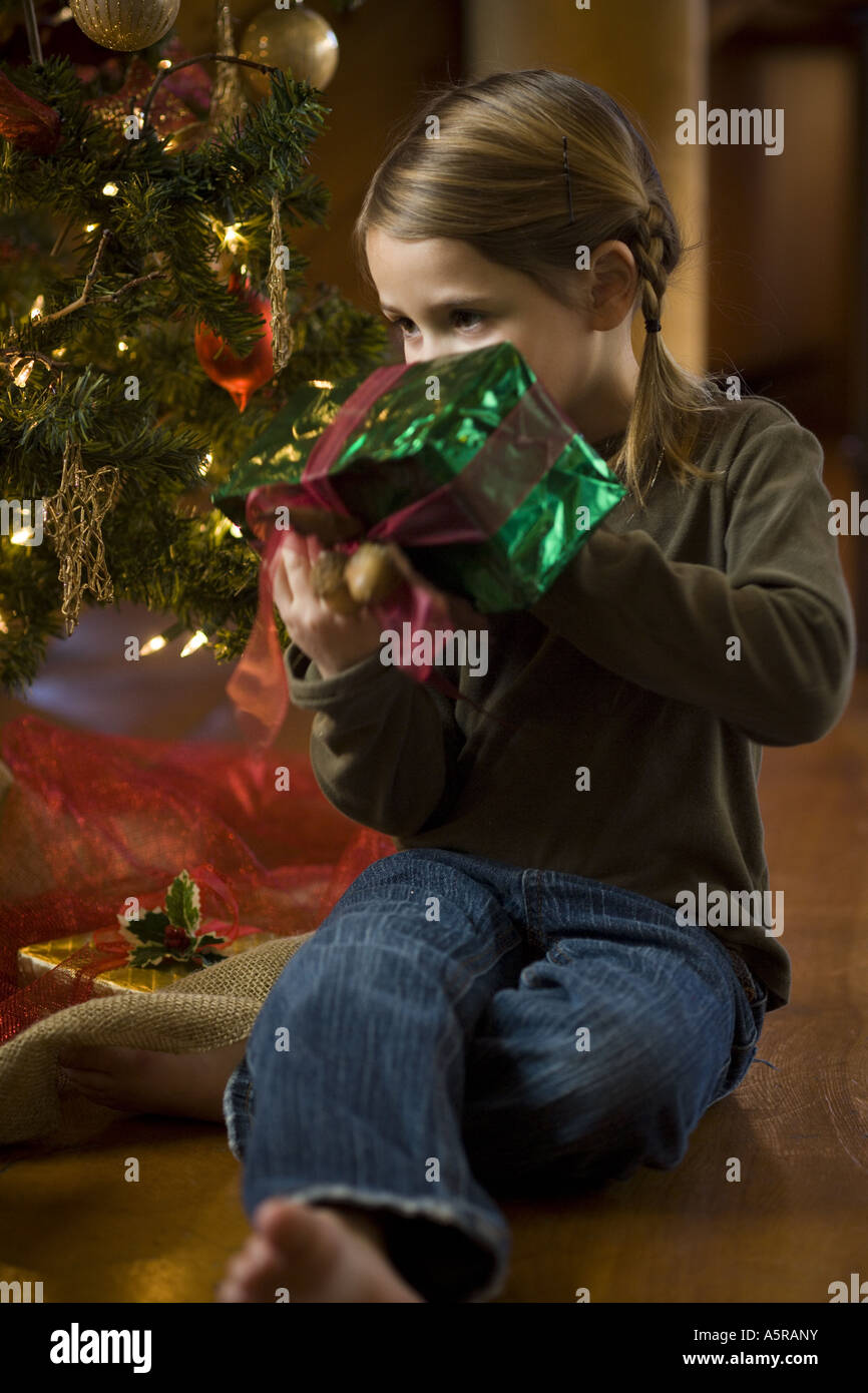 Girl shaking Christmas present with tree Stock Photo - Alamy