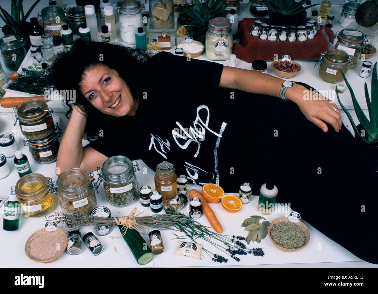 ANITA RODDICK OF THE BODY SHOP SURROUNDED BY HER PRODUCTS IN LONDON ...