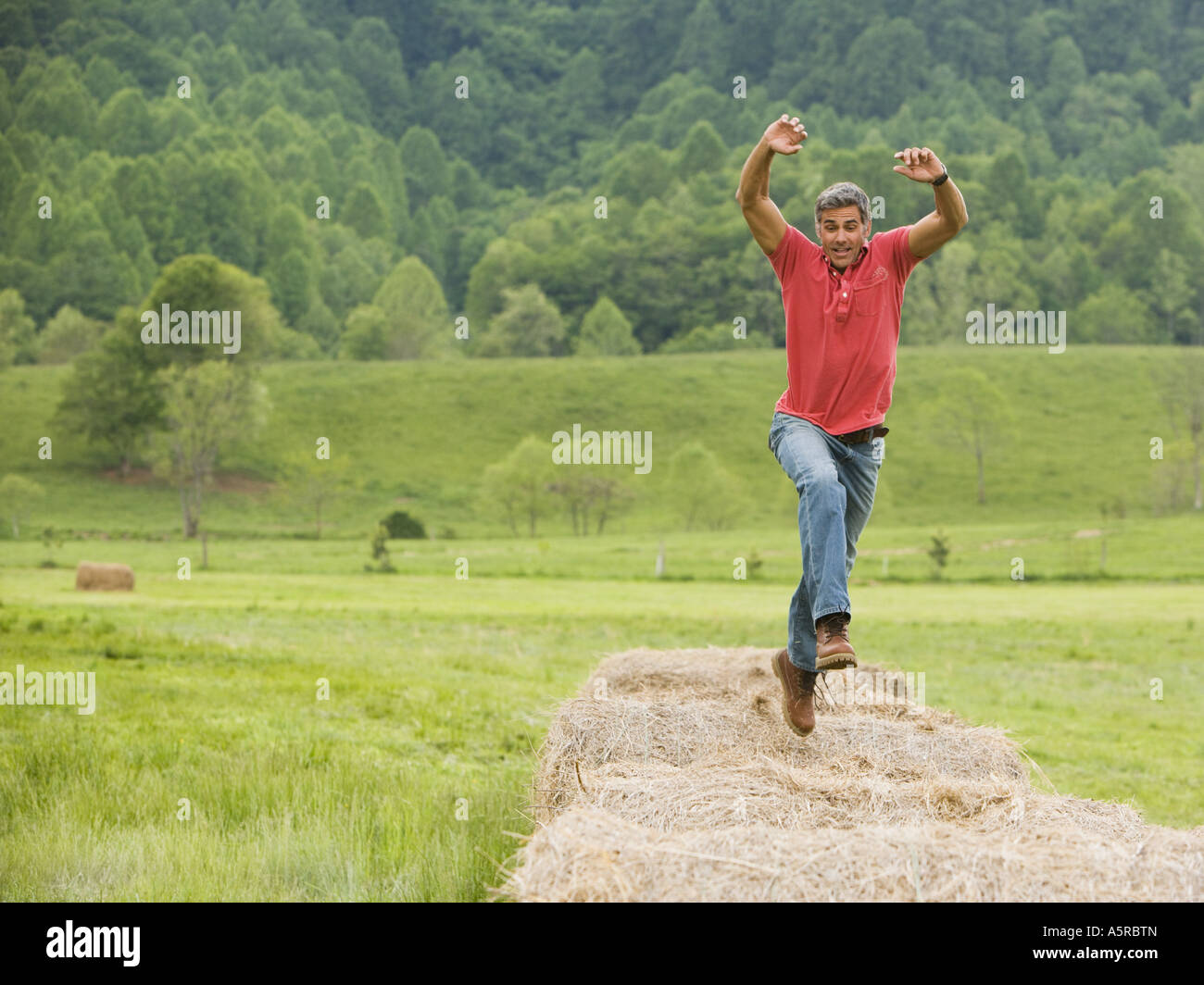 Portrait of a man jumping on a hay bale Stock Photo - Alamy