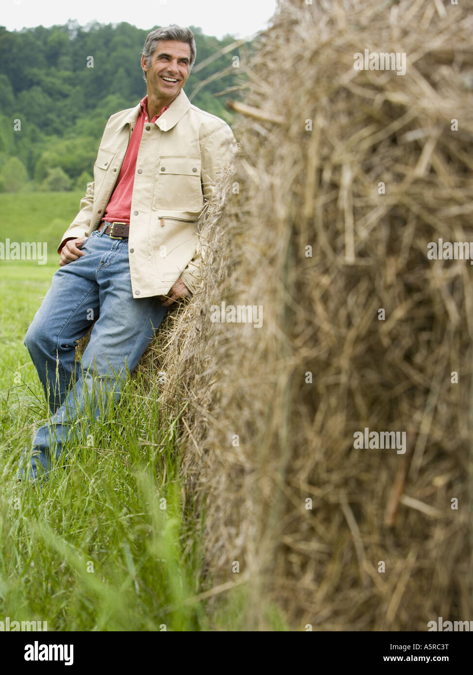 Portrait of a man leaning against a hay bale Stock Photo - Alamy