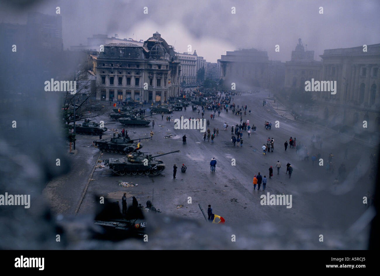ROMANIAN REVOLUTION 1989 VIEW FROM THE PALACE THROUGH BROKEN GLASS OF ...