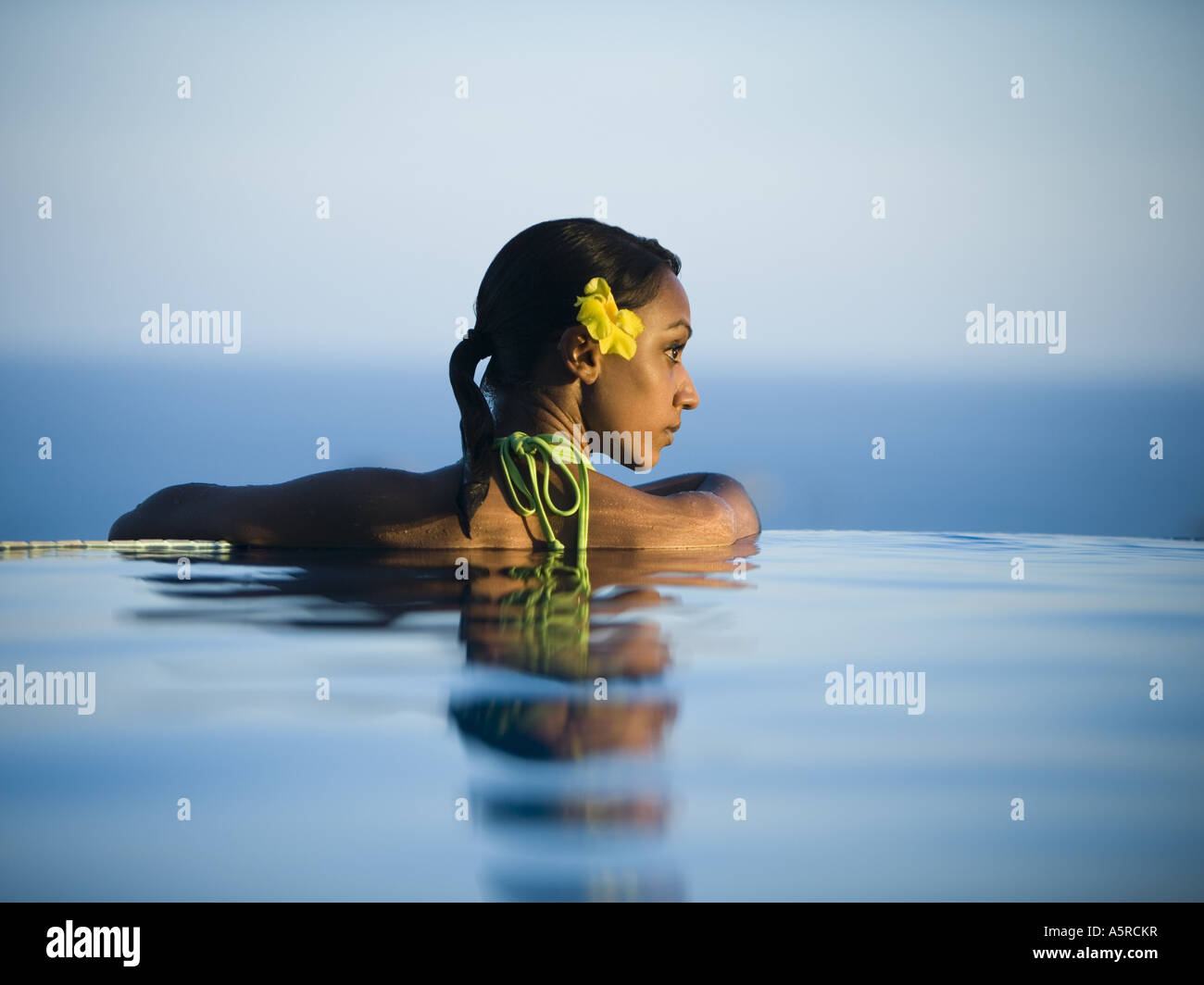 Rear view of a young woman in a swimming pool Stock Photo - Alamy