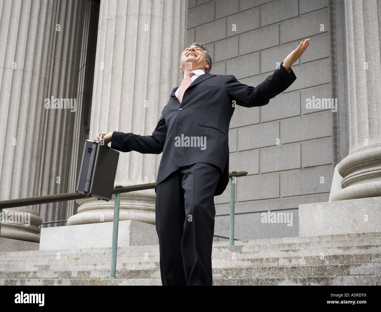 Low angle view of a male lawyer holding a briefcase and laughing Stock ...