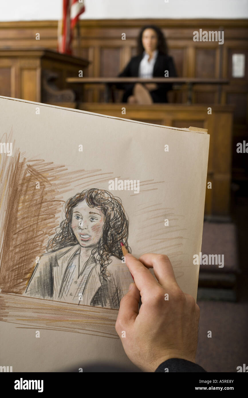 Close up of a man s hand drawing a sketch of a witness in a courtroom ...