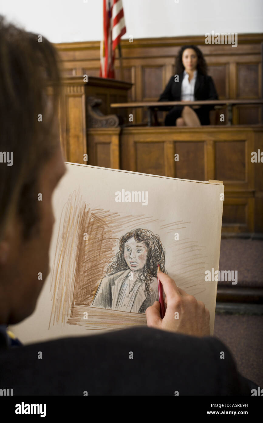 Close up of a man s hand drawing a sketch of a witness in a courtroom ...