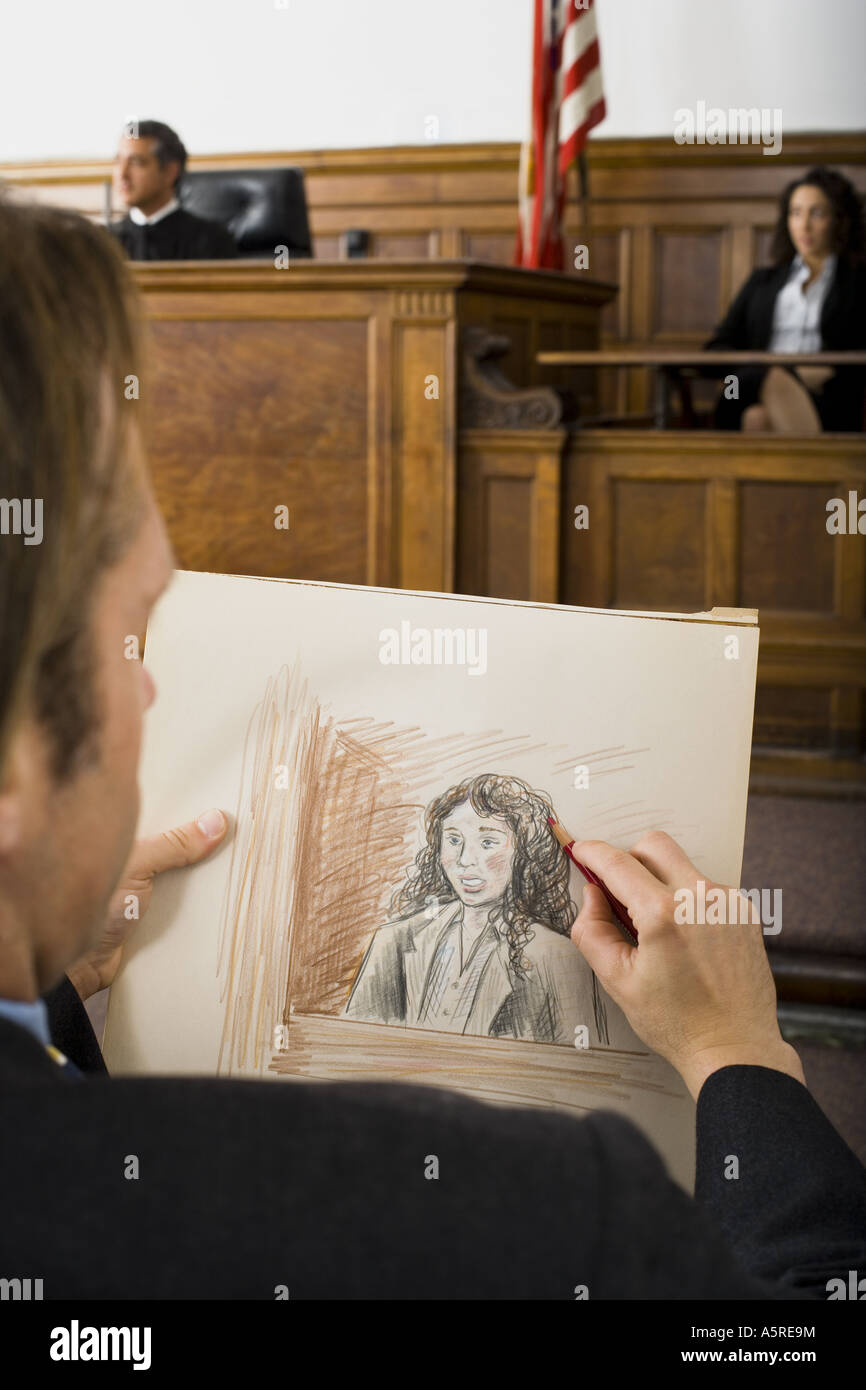 Close up of a man drawing a sketch of a witness in a courtroom Stock ...